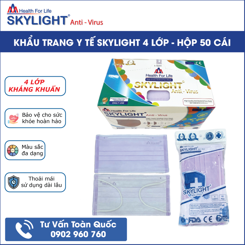 Khẩu trang y tế Skylight 4 lớp màu tím nhạt quai trắng - Hộp 50 cái